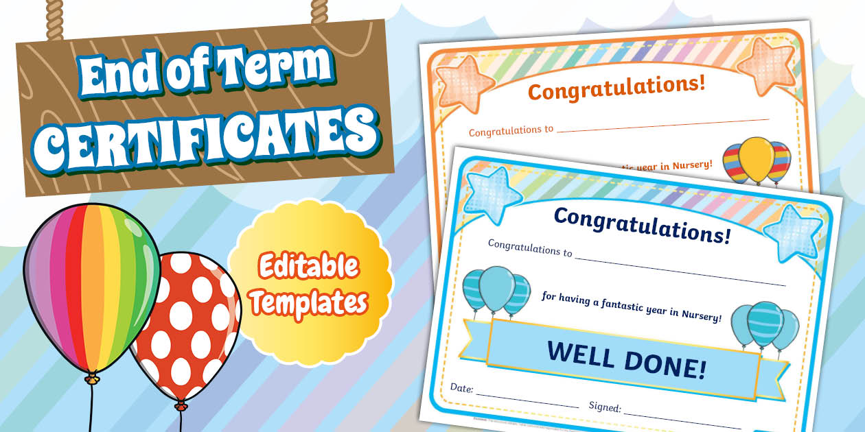 Editable End of Year Graduation Award Certificates