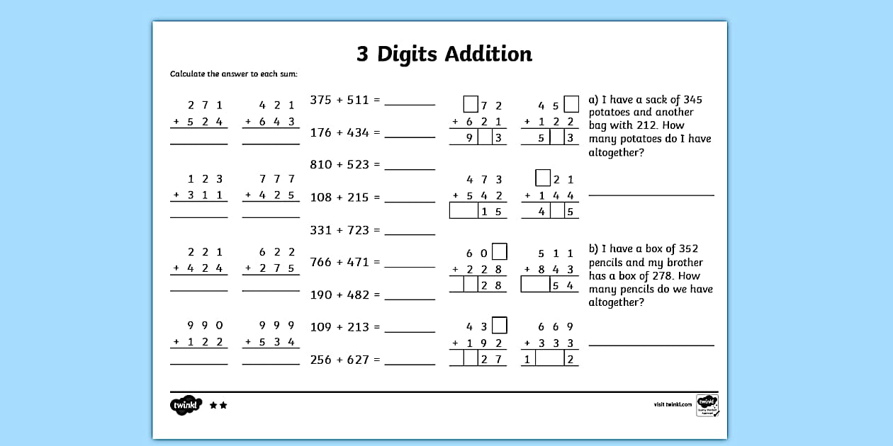 Three-Digit Number Addition Worksheet (teacher made)
