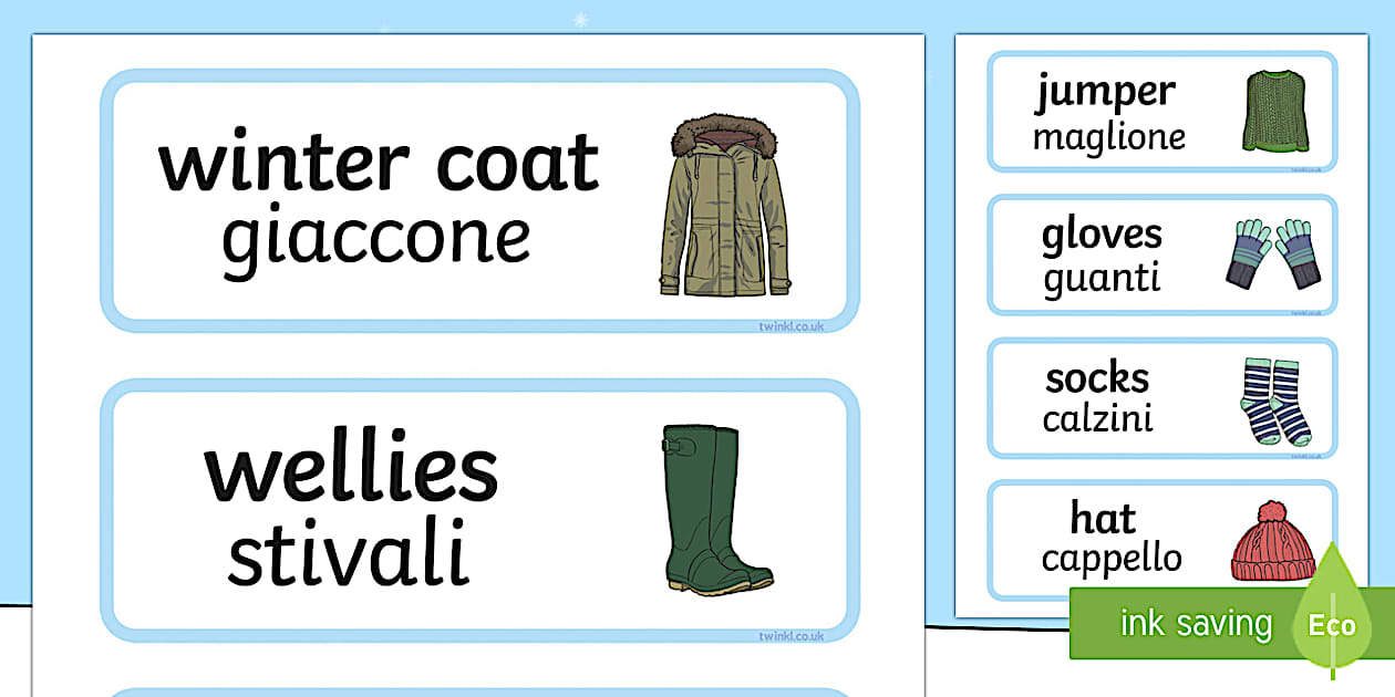 Winter Clothes Word Cards English/Italian - Winter Clothes Word Cards