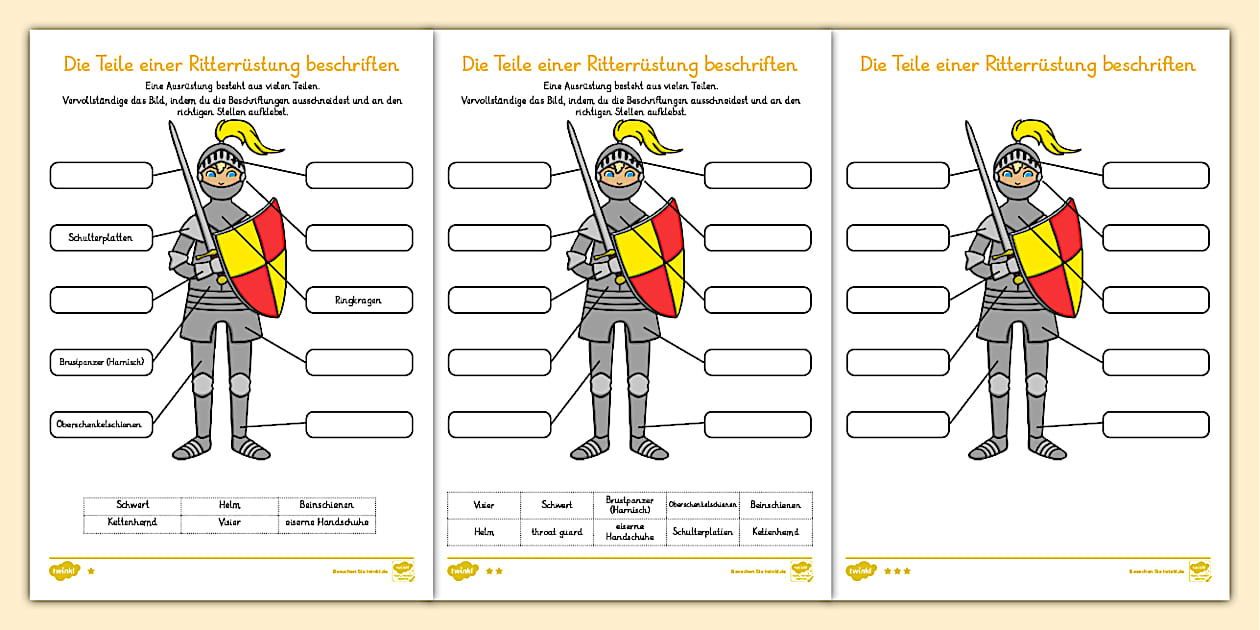 Die Teile einer Ritterrüstung beschriften (differenzierte Arbeitsblätter)