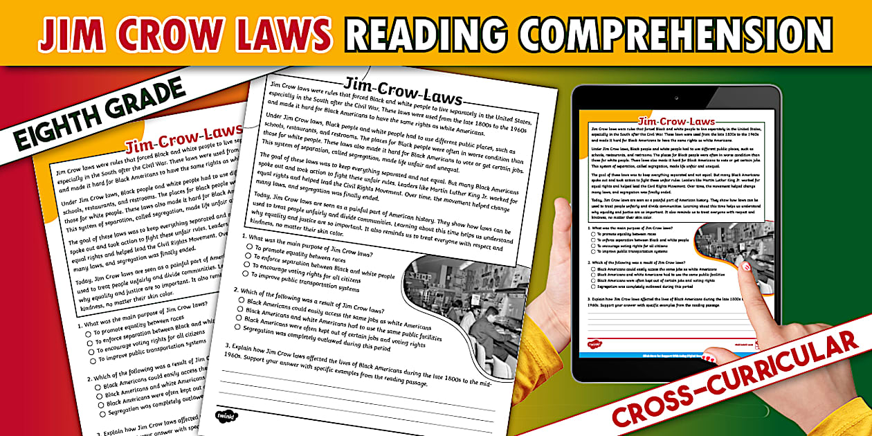 Eighth Grade Jim Crow Laws Reading Passage Comprehension