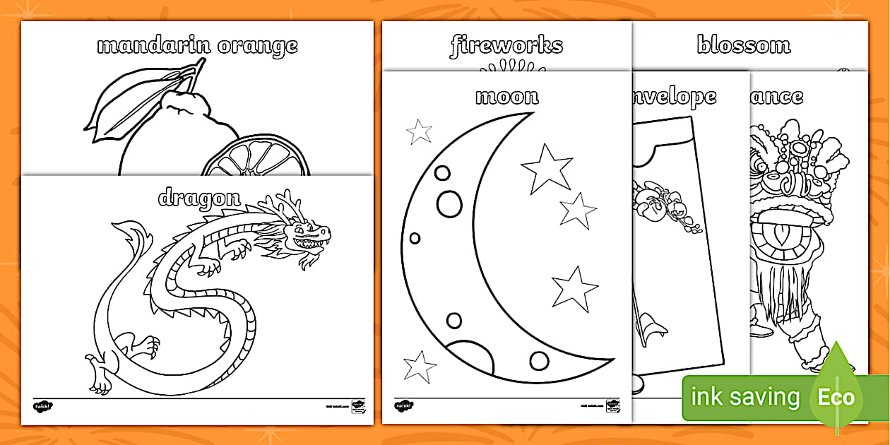 Lunar New Year Picture and Word Colouring Sheets - Twinkl