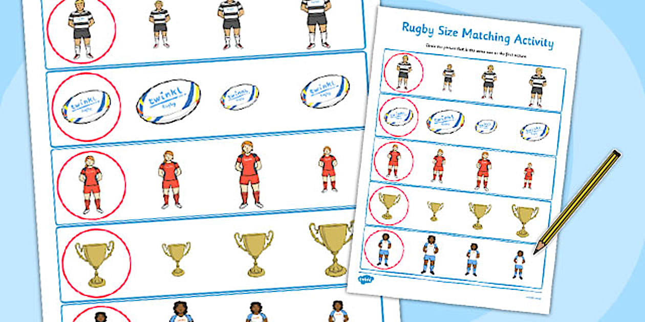 Black and White Rugby Size Matching Worksheets - Twinkl