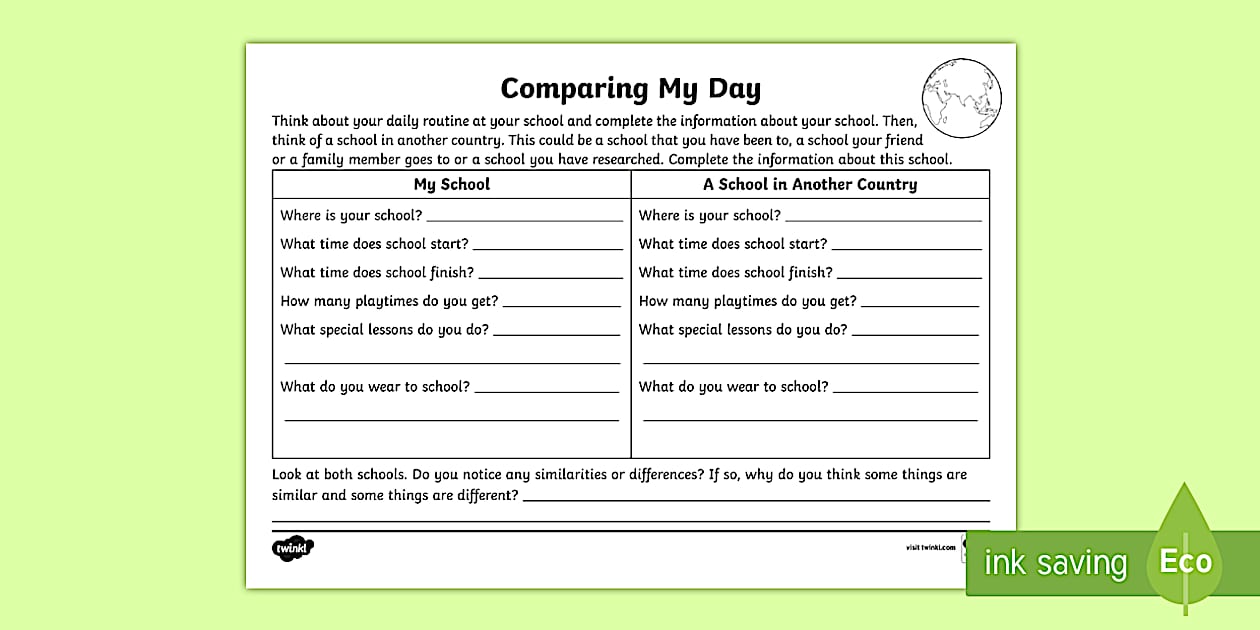 Comparing My Day Worksheet / Worksheets - Twinkl