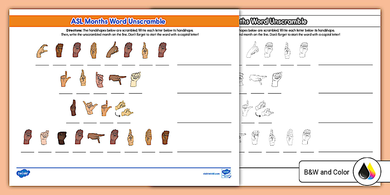 ASL Months of the Year Word Unscramble Worksheet Part 2