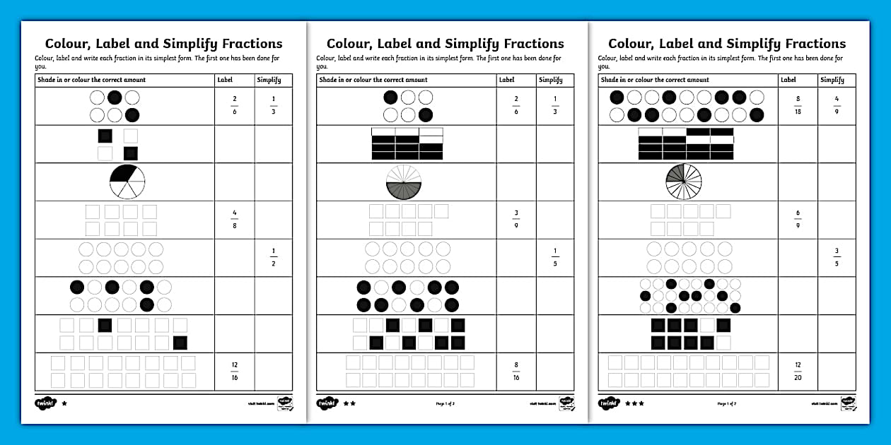 Colour, Label and Simplify Fractions Activity Sheets