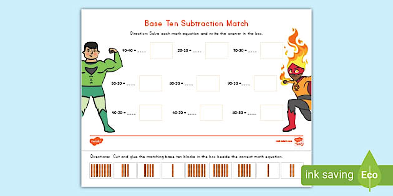 Base Ten Subtraction Match Worksheet (teacher made) - Twinkl