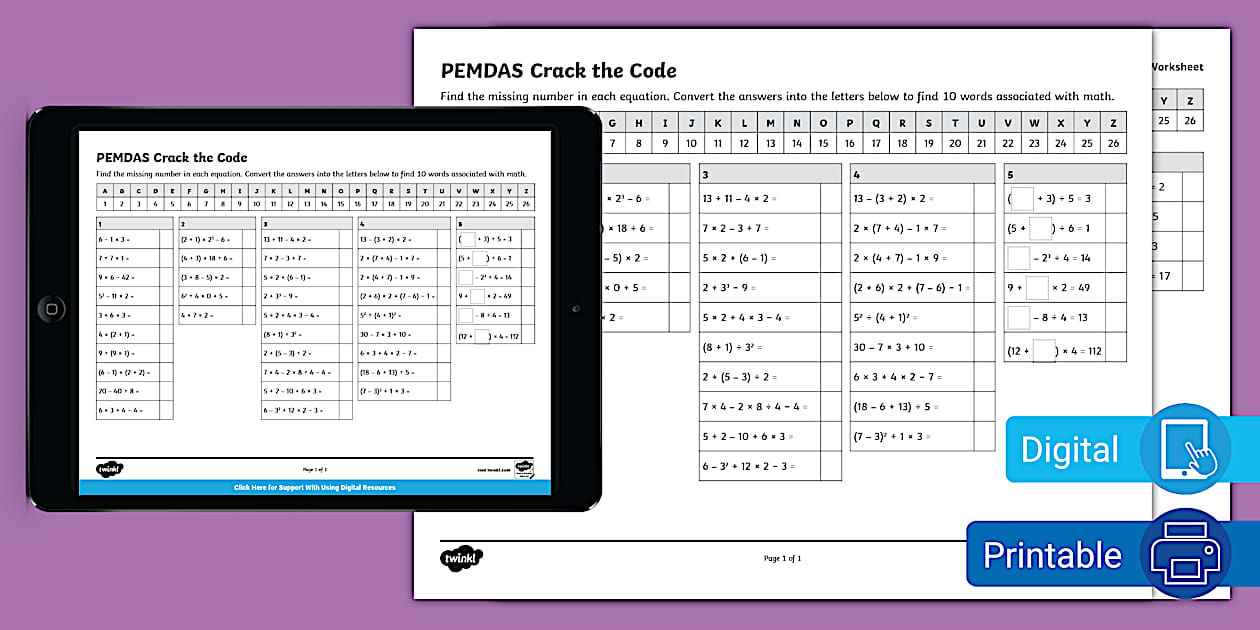 Sixth Grade PEMDAS Crack the Code Math Worksheet - Twinkl