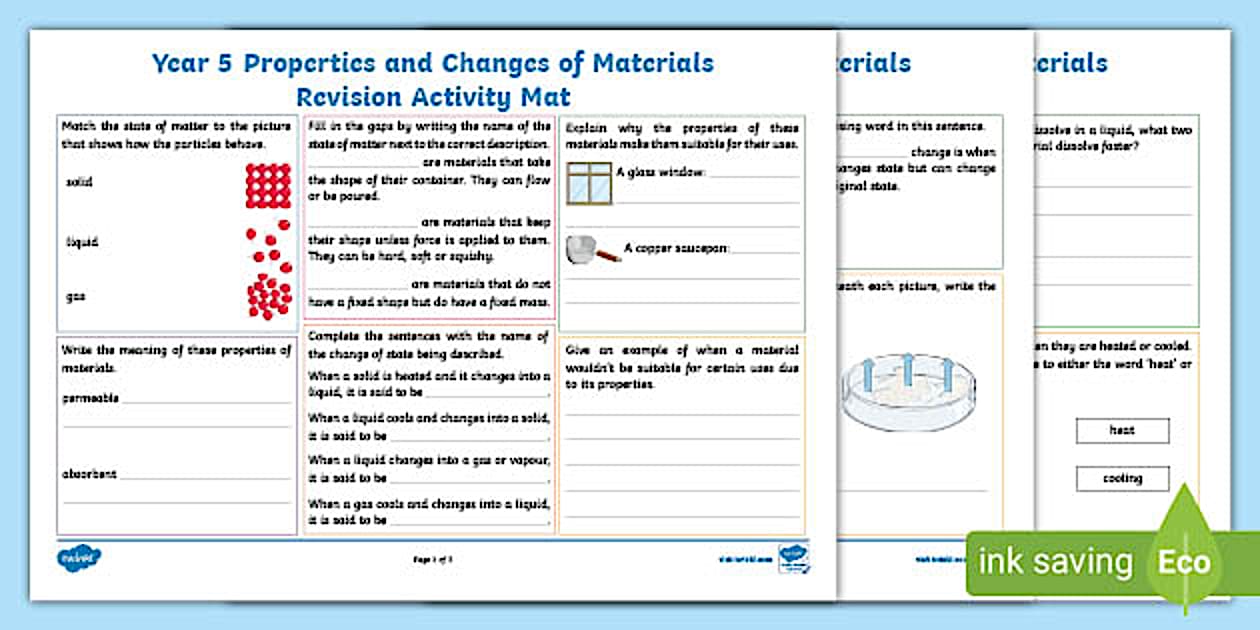 KS2 Year 5 Properties and Changes of Materials Revision Activity Mat