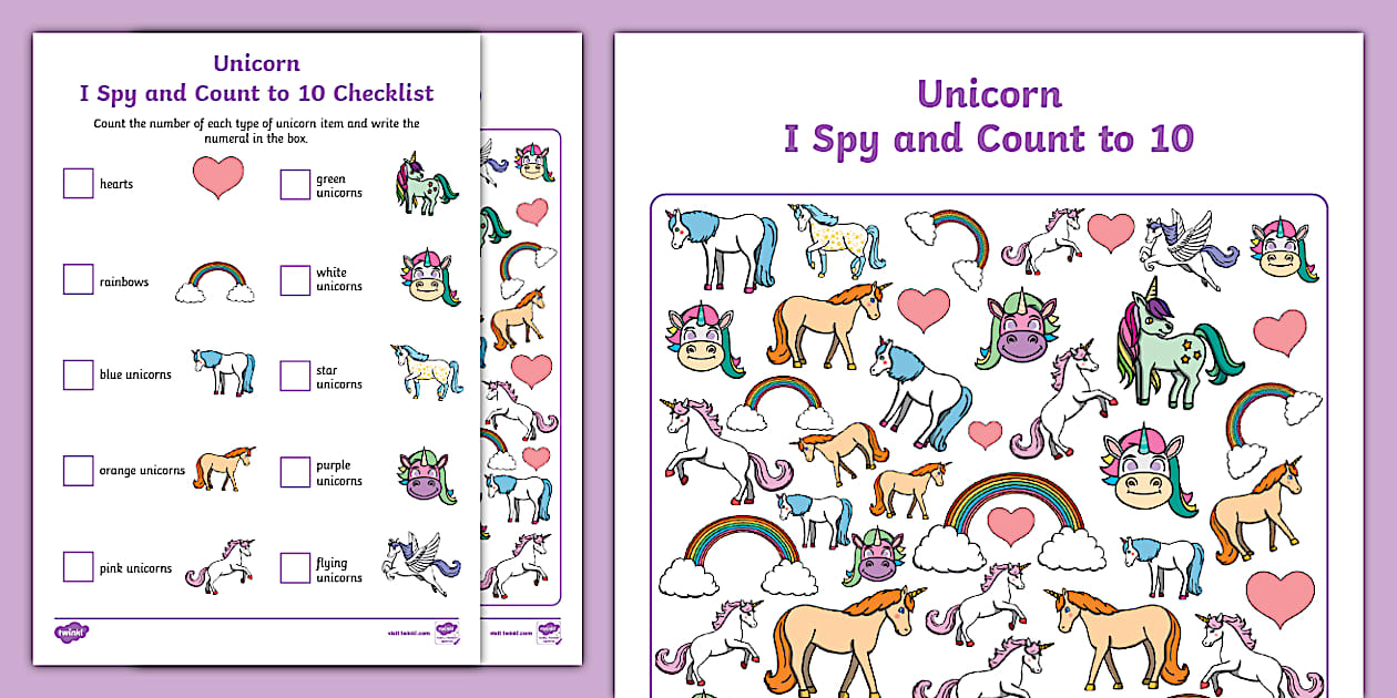 Unicorn I Spy and Count Activity to 10 (teacher made)