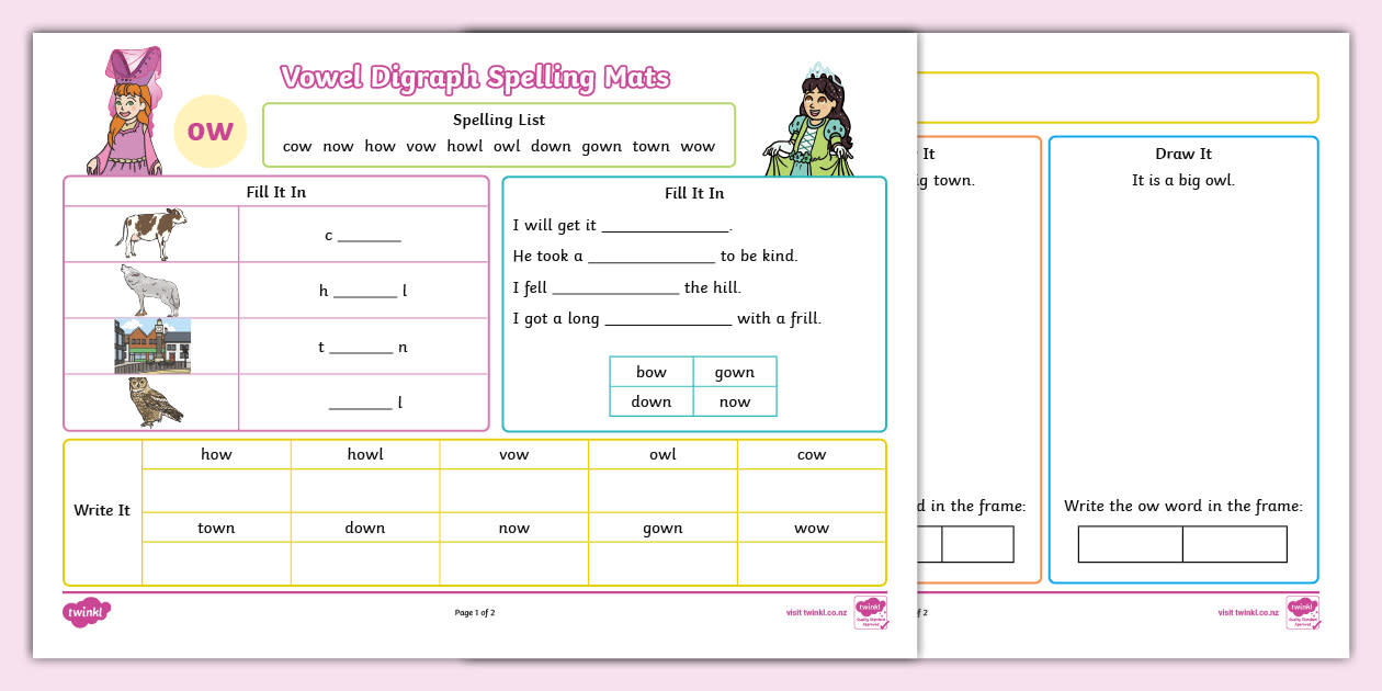 Vowel Digraph Spelling Mats - ow (teacher made) - Twinkl