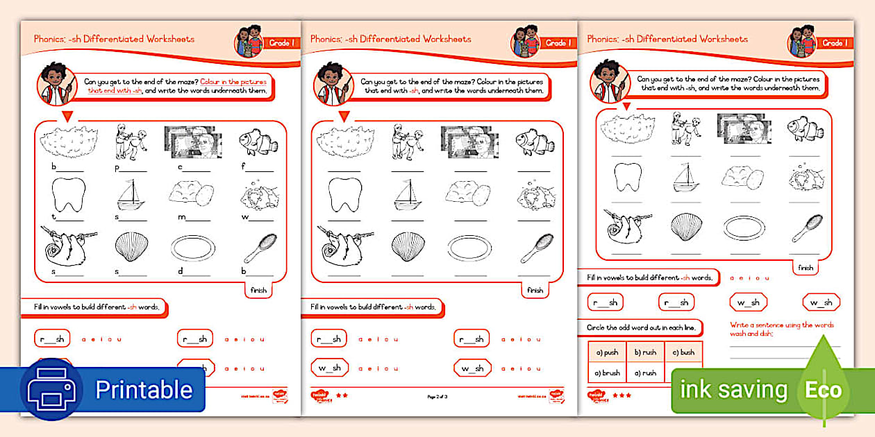 Grade 1 Phonics: -sh Digraph Differentiated Worksheets