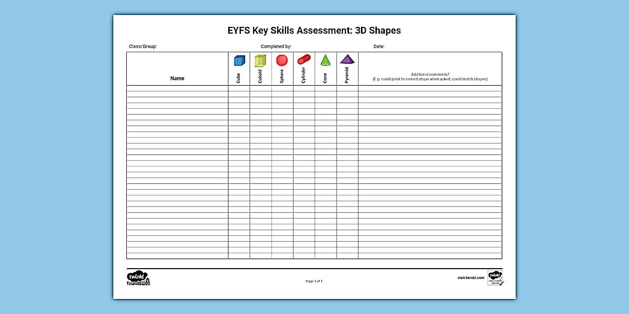 EYFS Key Skills Assessment 3D Shapes - Twinkl
