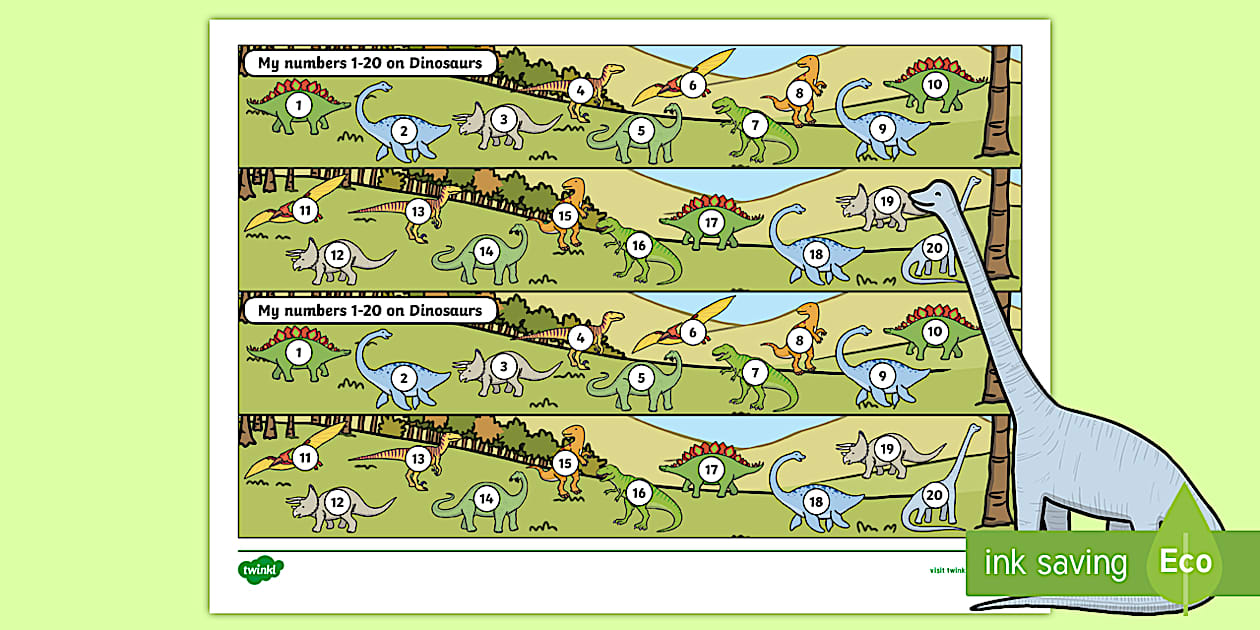 1-20 on Dinosaurs Number Strips (Teacher-Made) - Twinkl