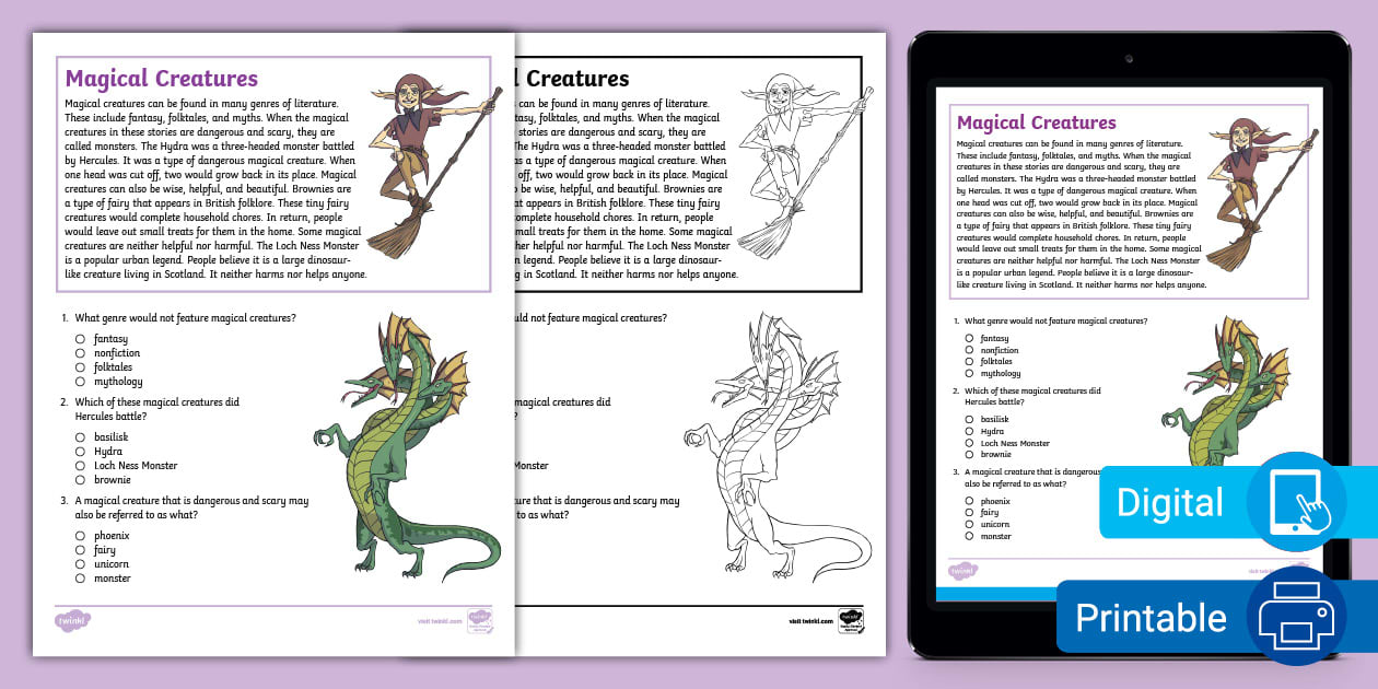 4th Gr Fantasy and Magical Creatures Reading Passage Compreh