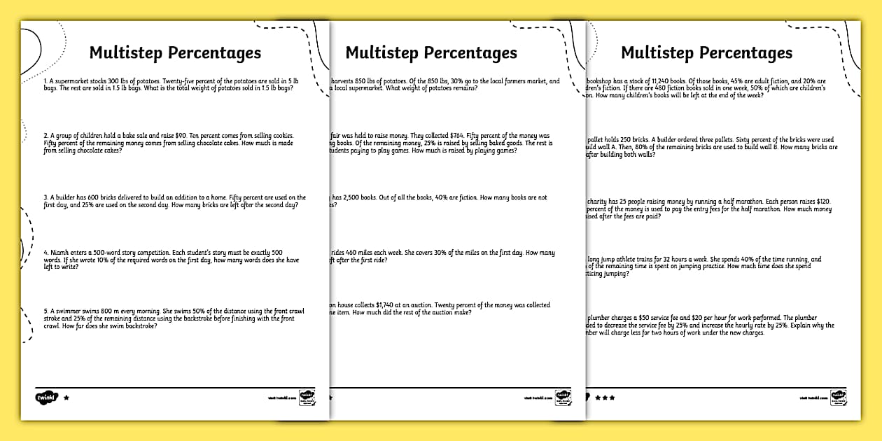 Multistep Percentages Differentiated Word Problems for 6th-8th Grade