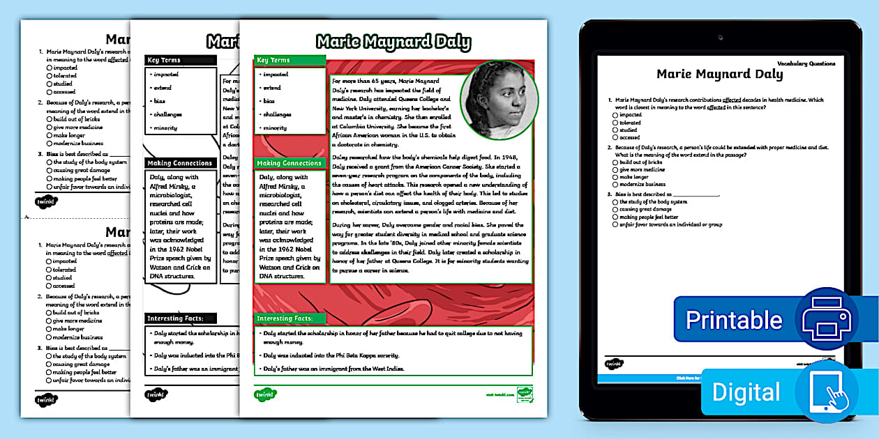 Marie Maynard Daly Worksheet for 7th Grade | Twinkl USA