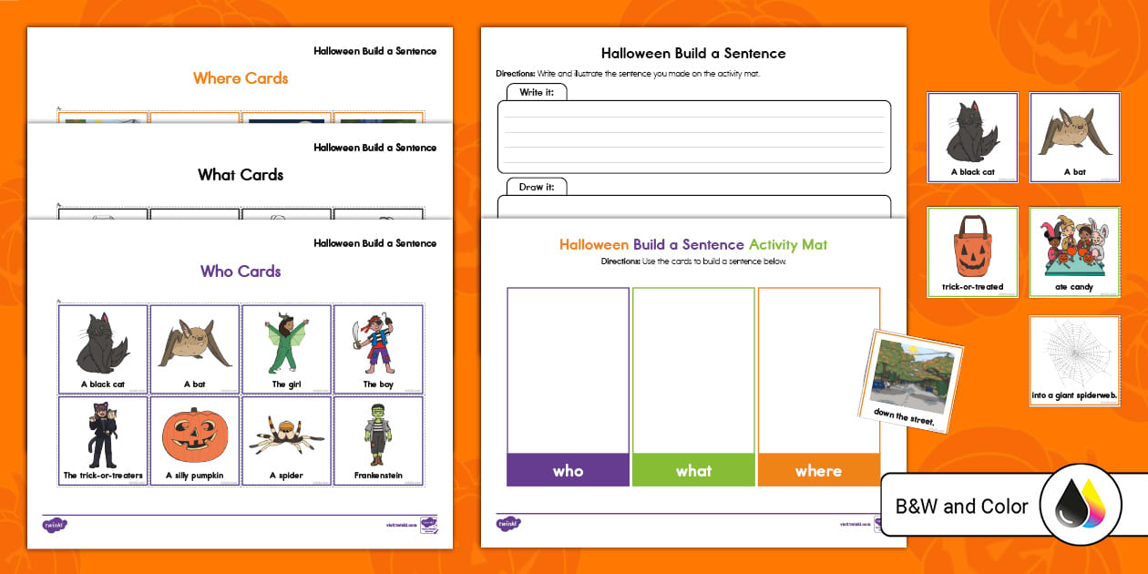 Kindergarten Halloween Build a Sentence Activity and Cards