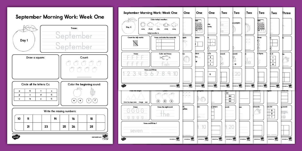 Kindergarten September Morning Work Bundle (teacher made)
