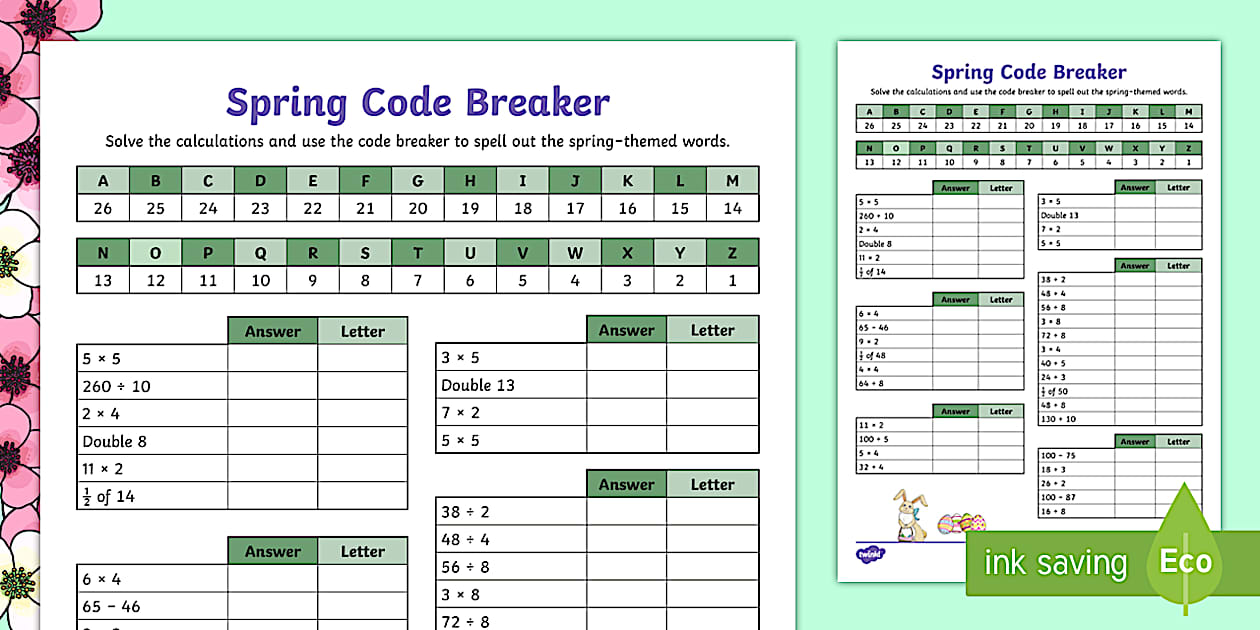 Spring-Themed Maths Code Breaker Calculations Worksheet