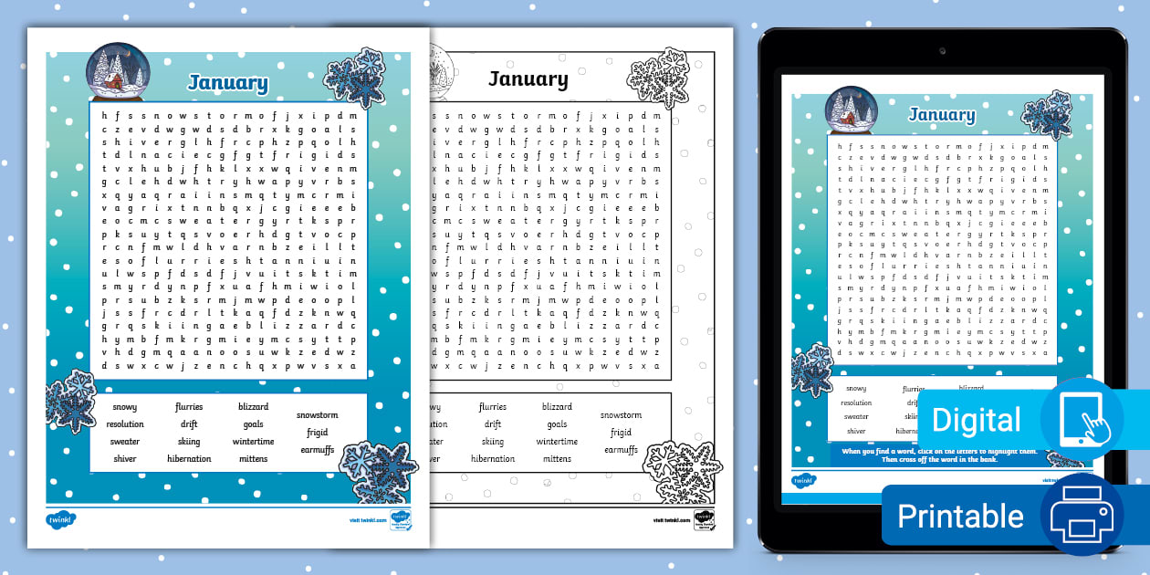 January Word Search for 3rd-5th Grade (teacher made)