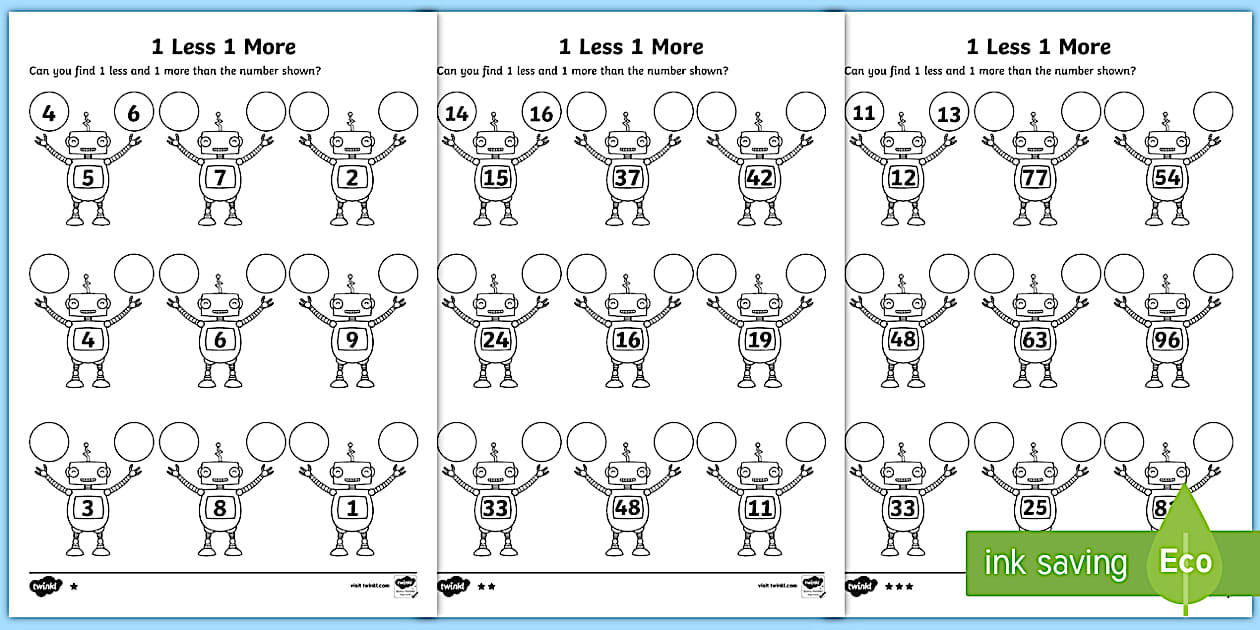 One More One Less Robots Worksheet - Before and After Maths