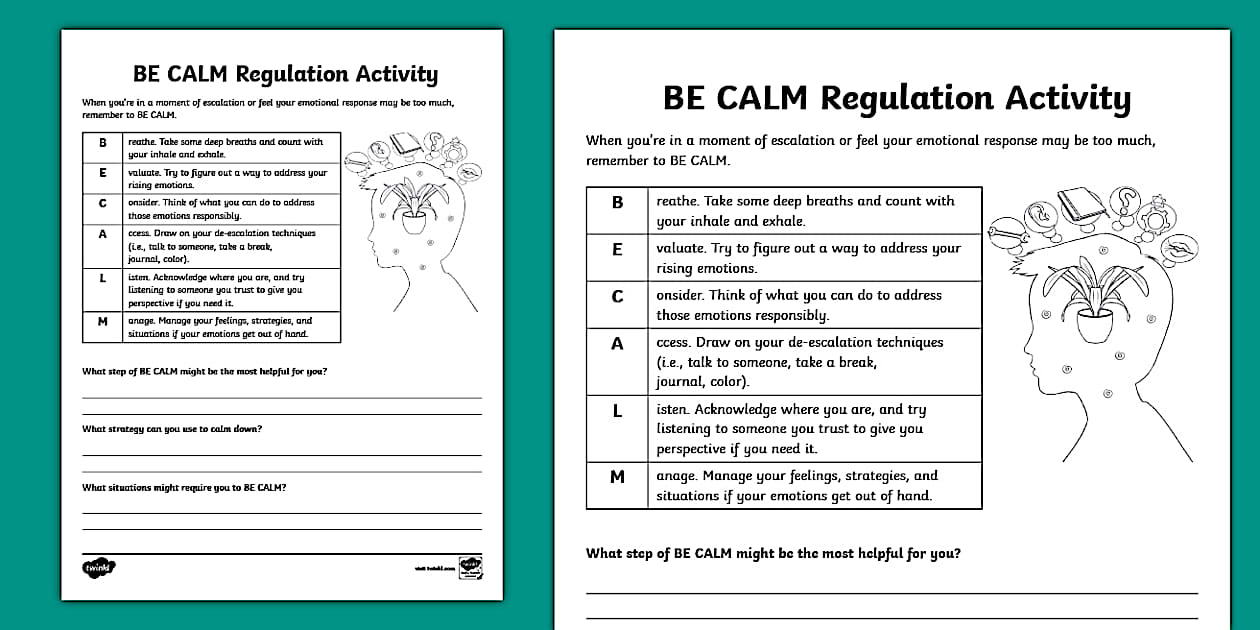 BE CALM Emotion Regulation Worksheet for 3rd-5th Grade