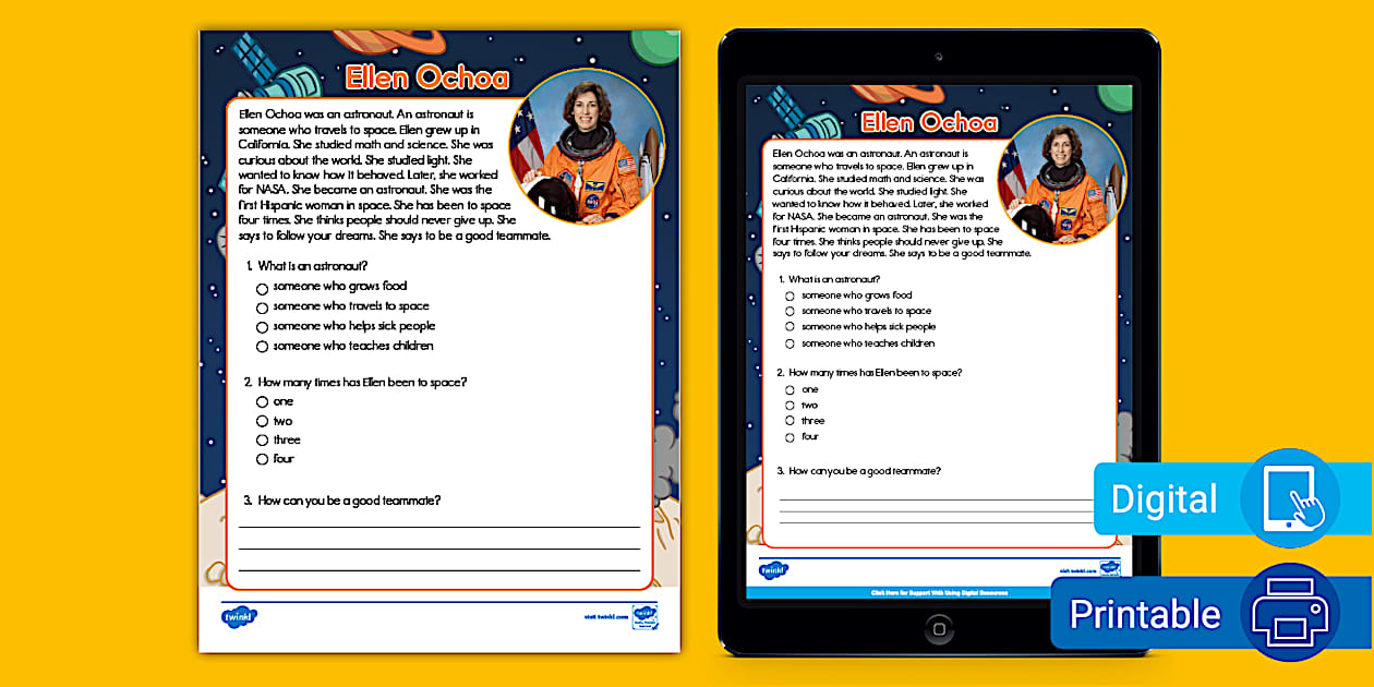 Kindergarten Ellen Ochoa Reading Passage Comprehension Worksheet