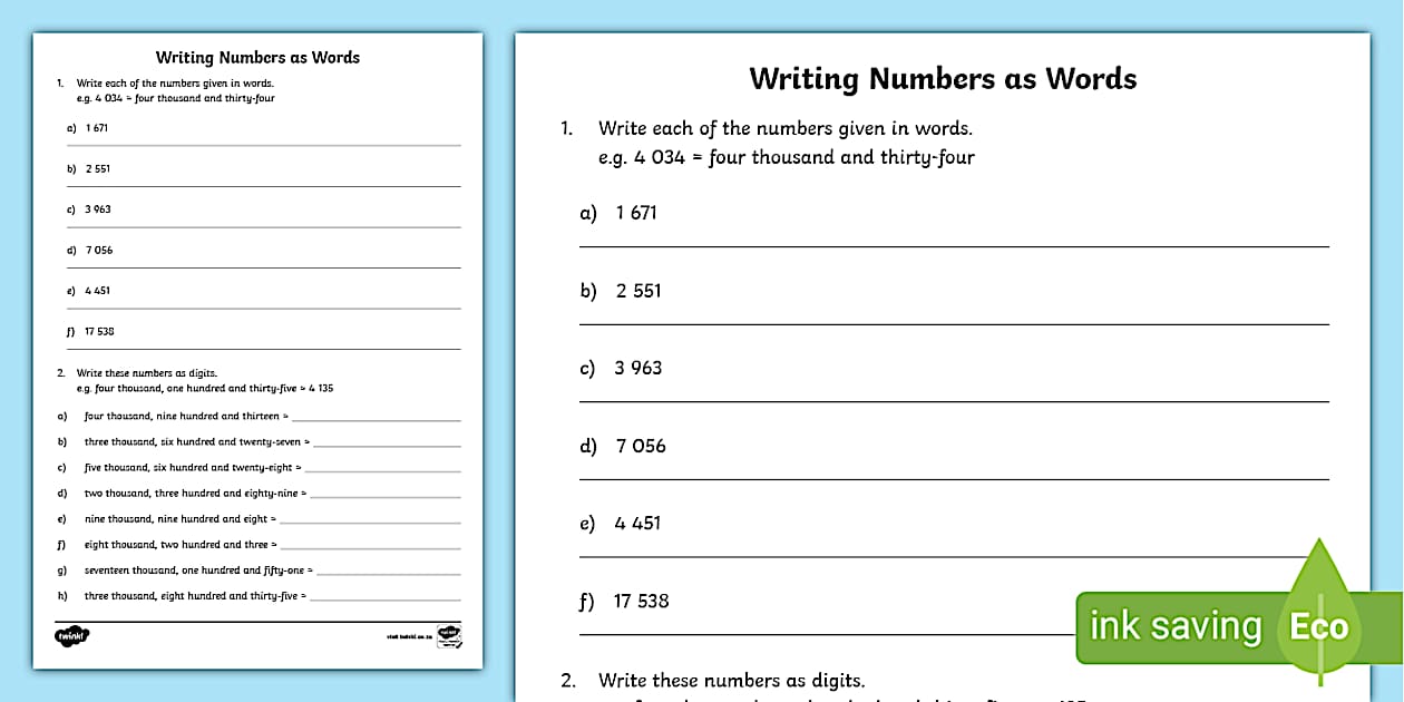 Writing Numbers as Words Activity Sheets (teacher made)