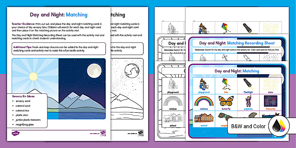 Day and Night Sensory Bin Matching Activity Mat - Twinkl