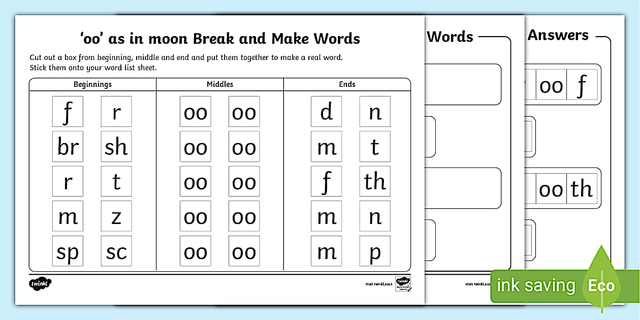 ‘oo’ as in Moon Break and Make Worksheet | CfE Resources