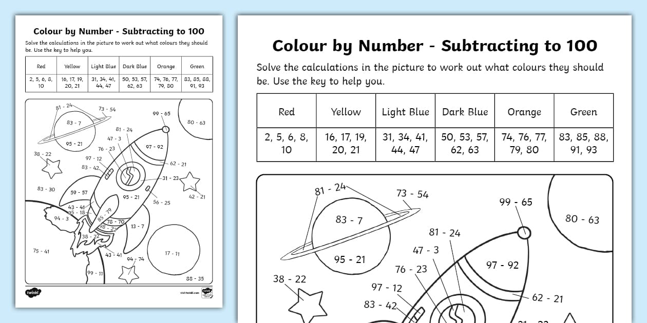 👉 Colour by Number - Subtracting to 100 | Maths | Twinkl