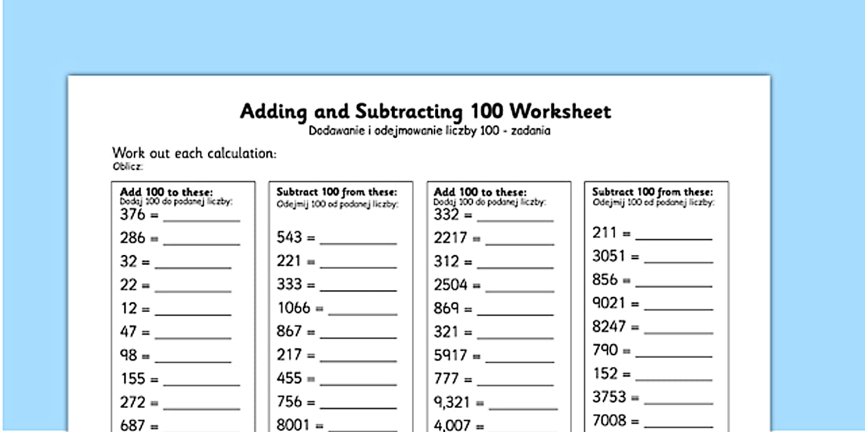 Adding and Subtracting 100 Worksheet Polish Translation