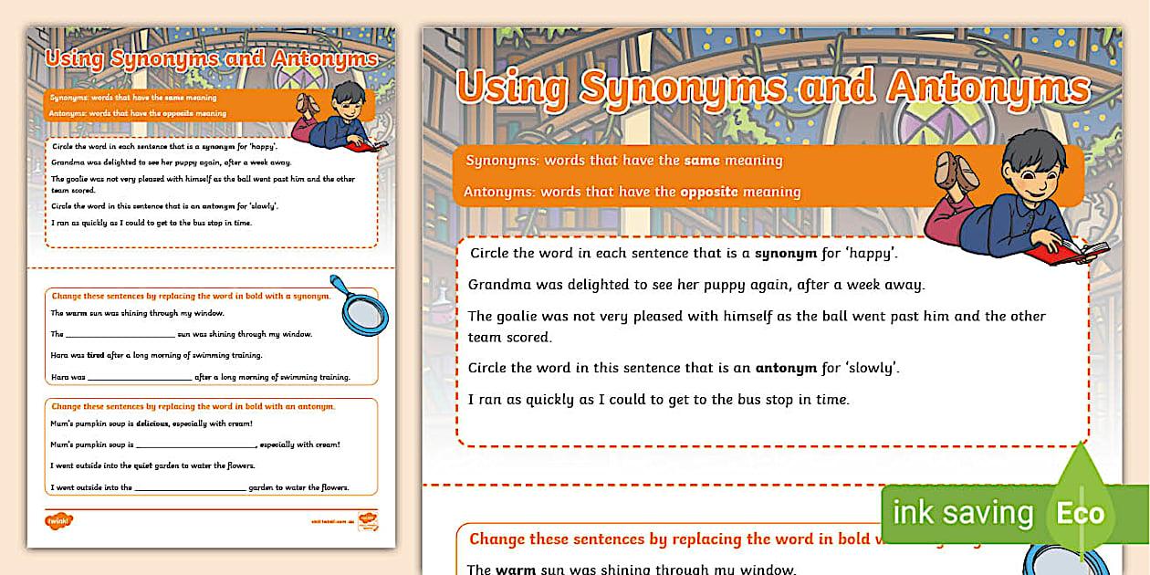 Using Synonyms and Antonyms Activity Sheet | Year 2 | Twinkl