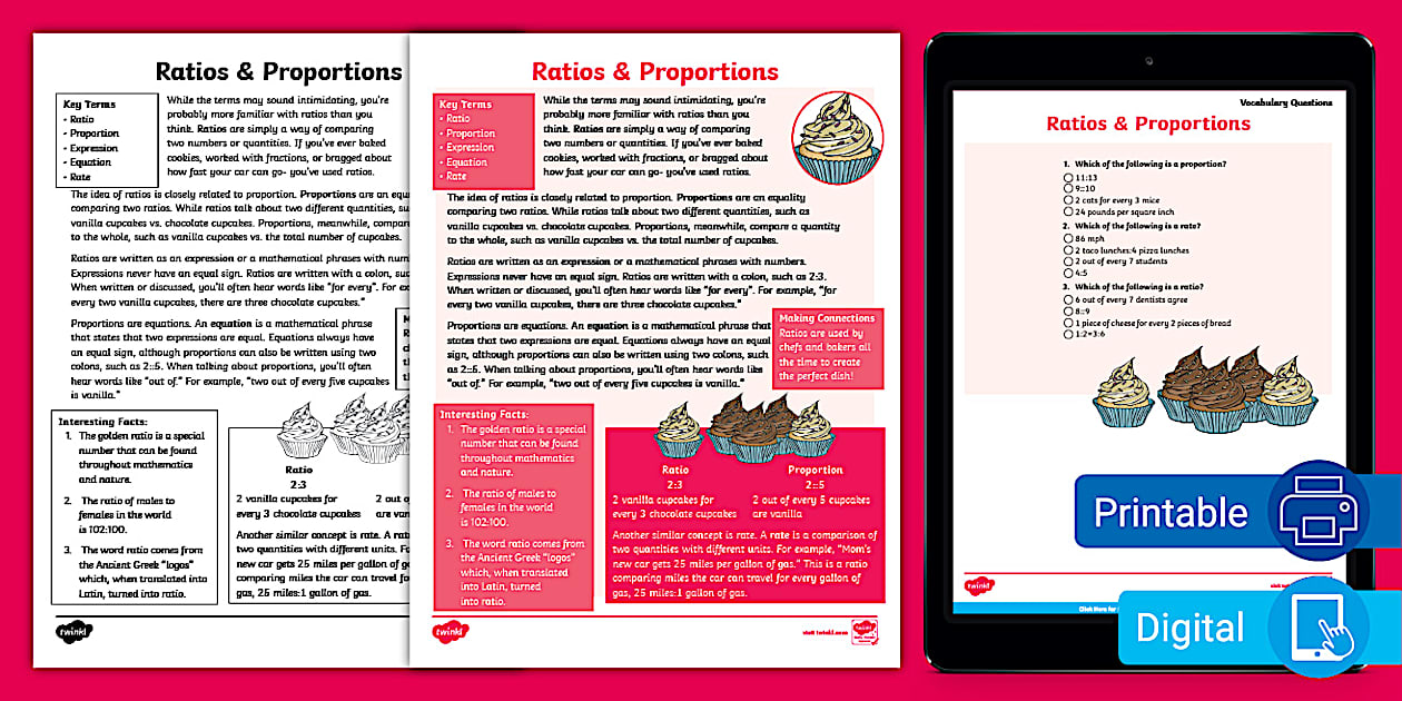 6th Grade Ratio & Proportion Fact File and Vocab Questions