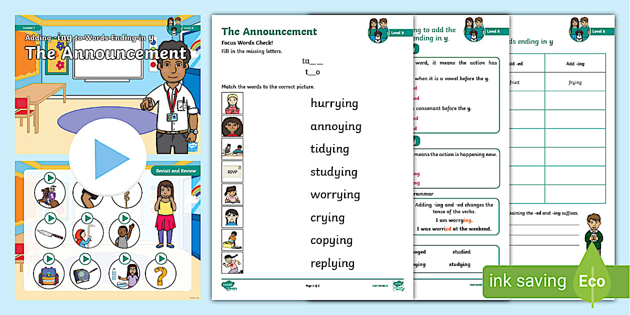 Adding -ing to Words Ending in 'y' Lesson Pack - Twinkl