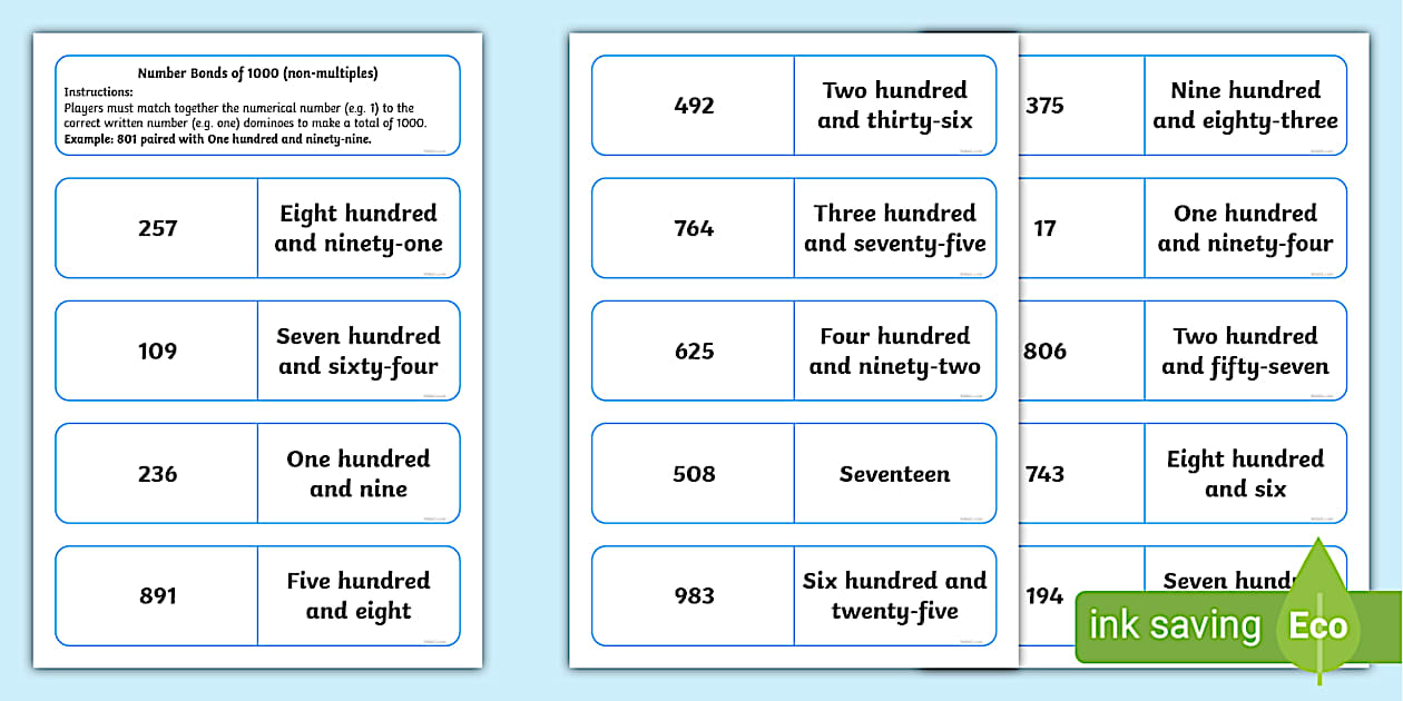 Editable Number Bonds of 1000 Dominoes Non Multiples