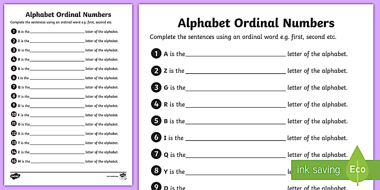 Alphabet Ordinal Numbers Worksheet (teacher made) - Twinkl