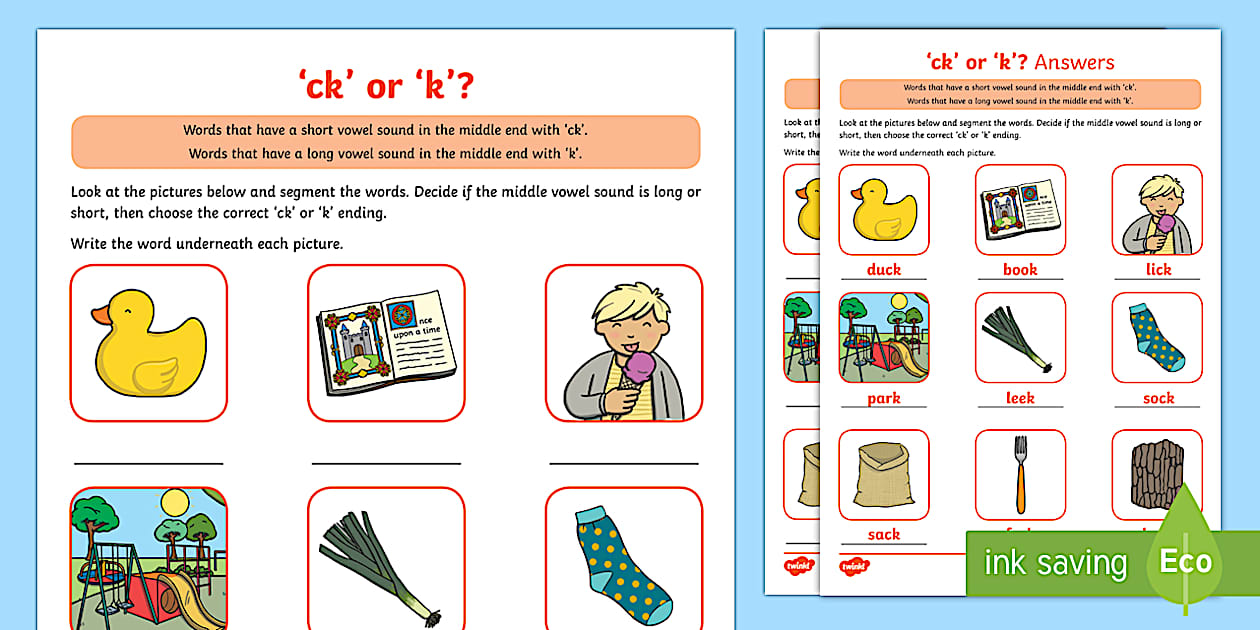 Sound of letter c and k-Words Ending in 'ck' or 'k' Activity