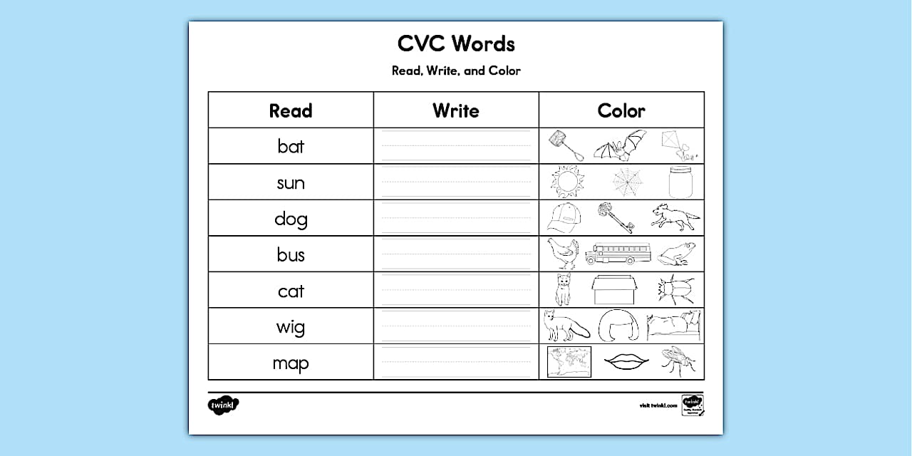 CVC Words Read, Write, and Color Worksheet (teacher made)