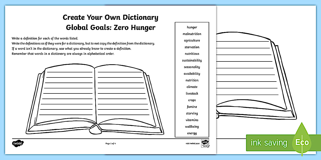 Editable Global Goals Zero Hunger Create Your Own Dictionary Activity