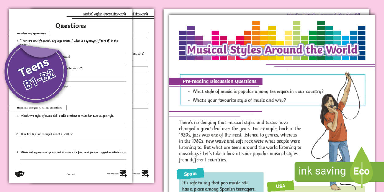 ESL Musical Styles Around the World Worksheet [Teens, B1-B2]