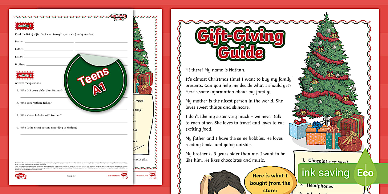 ESL Reading Comprehension: Gift-Giving [Teens, A1] - Twinkl