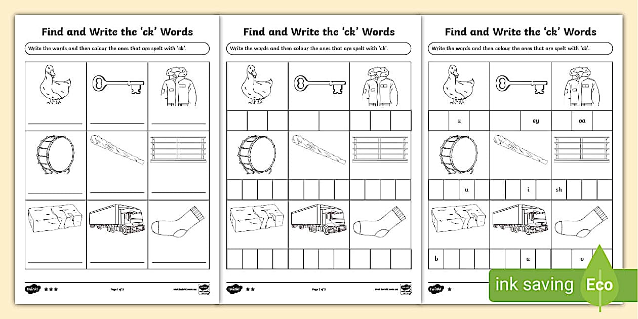 Find and Write the 'ck' Words Worksheets (teacher made)