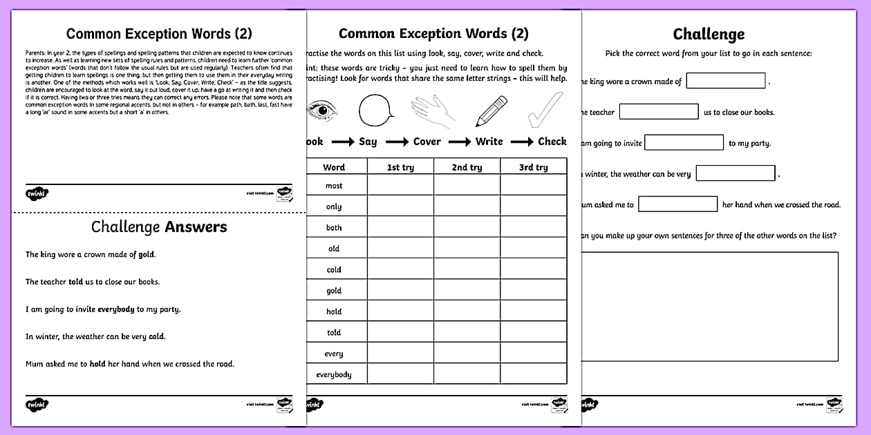 Year 2 Spelling Practice Common Exception Words (2) Worksheet
