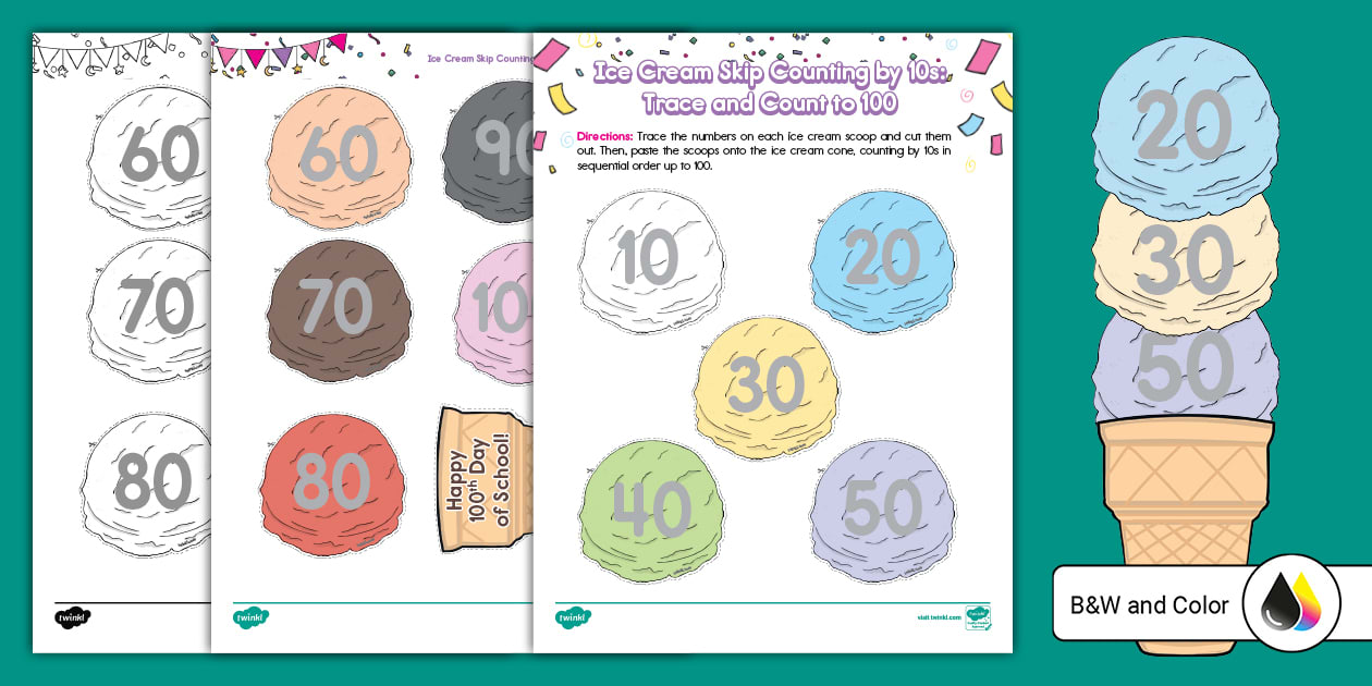 Ice Cream Skip Counting by 10s: Trace and Count to 100