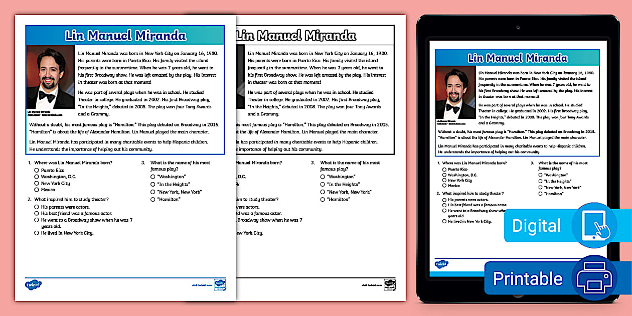 Fourth Grade Lin Manuel Miranda Reading Comprehension Passage