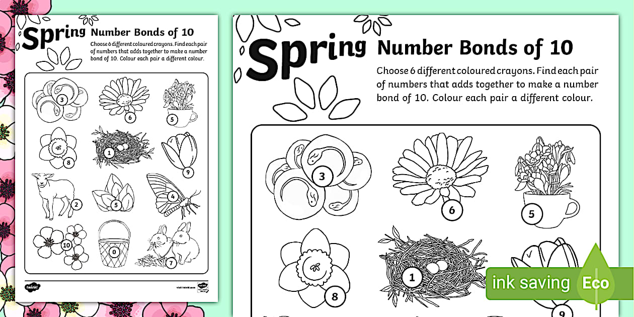 Spring Number Bonds to 10 Colouring Worksheet Activity