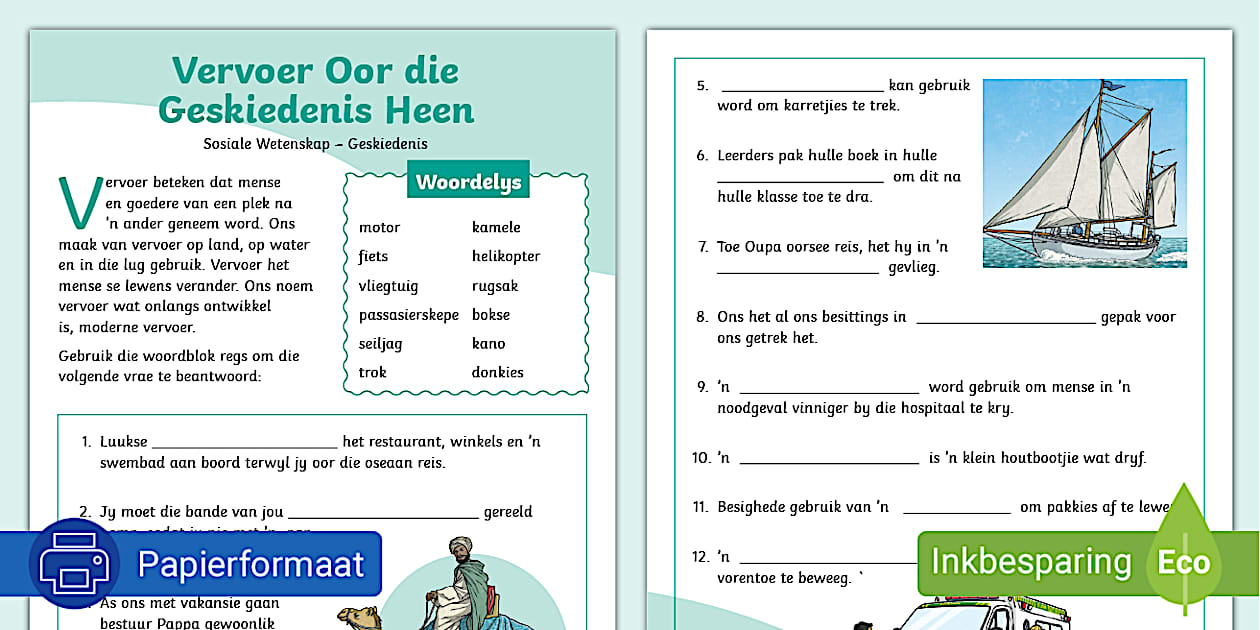 Vervoer Oor die Tyd Heen - Voltooi die Sin (Teacher-Made)