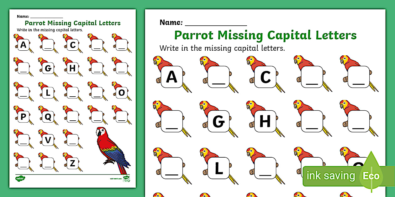 Parrot Missing Capital Letters Worksheet | Twinkl Worksheet